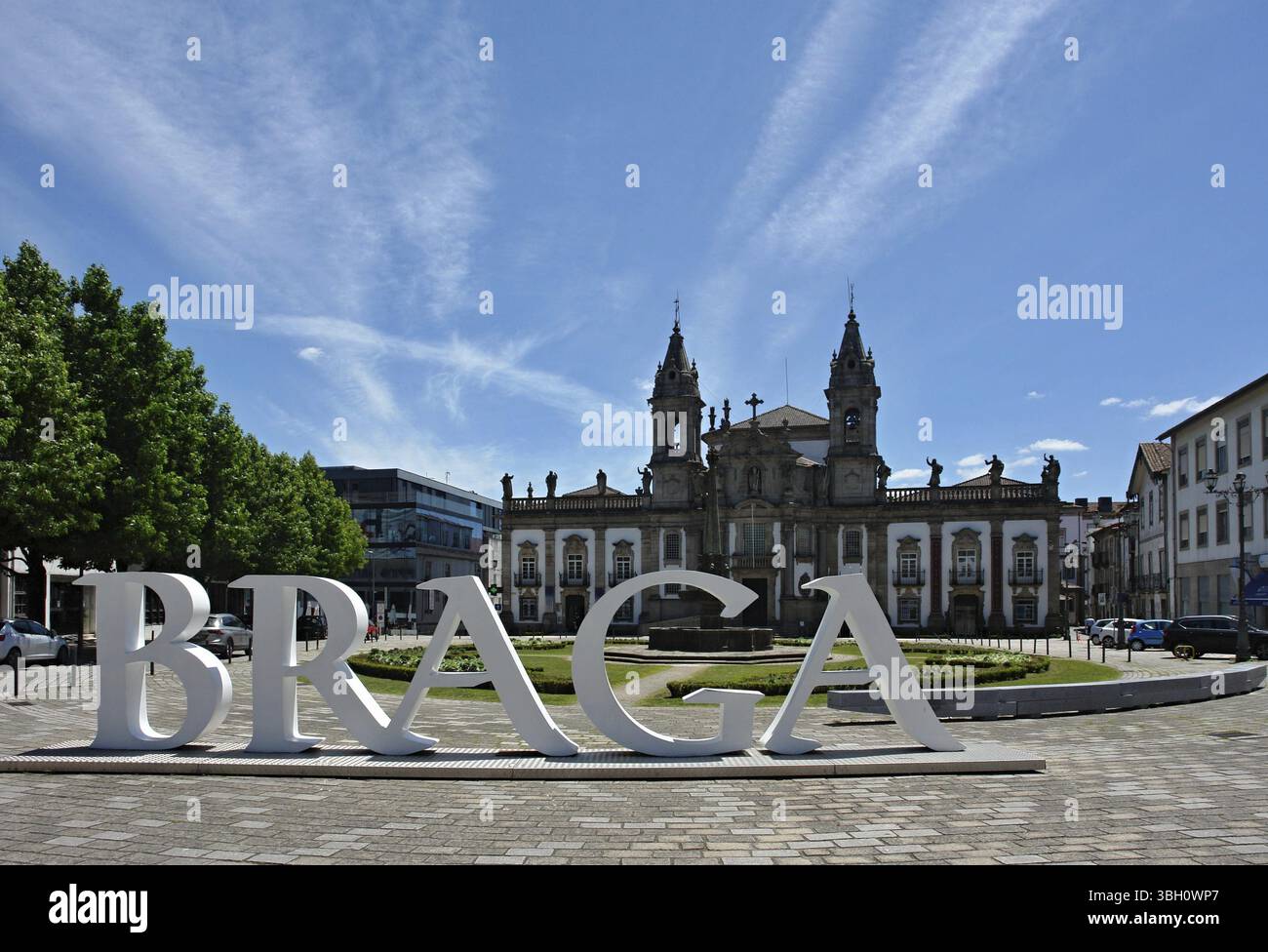 Historic town hall with forecourt and large Braga lettering Stock Photo ...