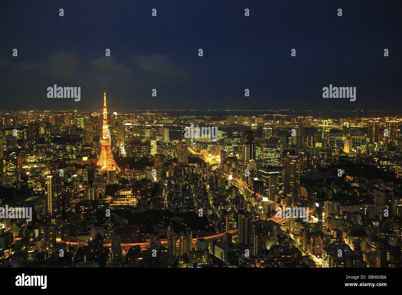 Aerial view of Tokyo Skyline at night with illuminated iconic Tokyo Tower in Minato District ...