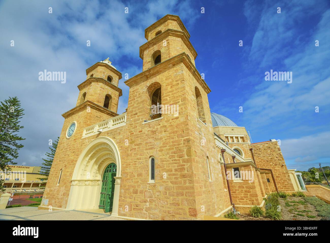 Bottom view of romanesque St. Francis Xavier's Cathedral with Twin ...