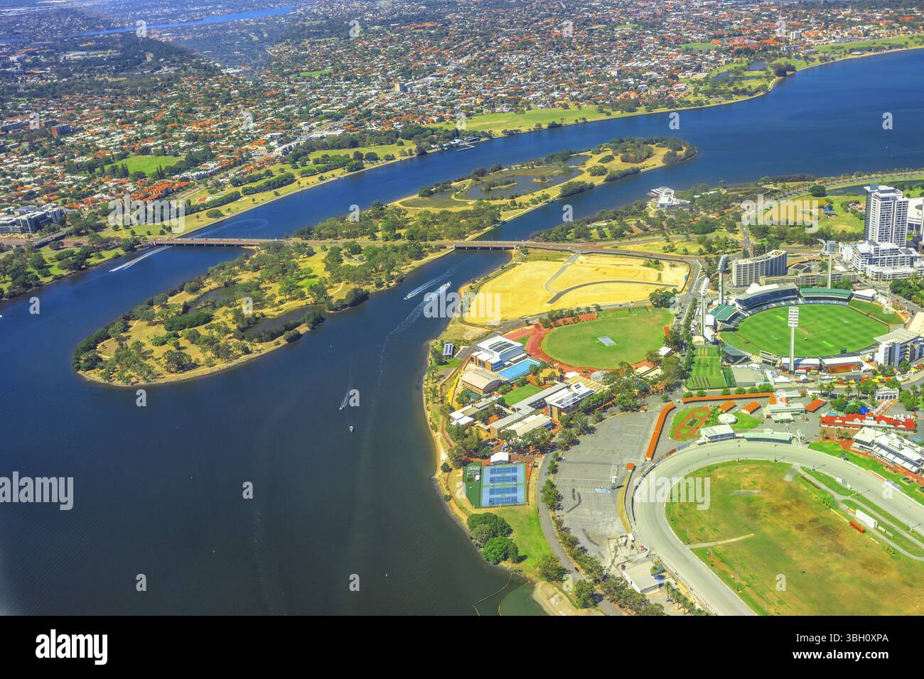 Aerial view of Perth and Swan River in Australia. Scenic flight over ...
