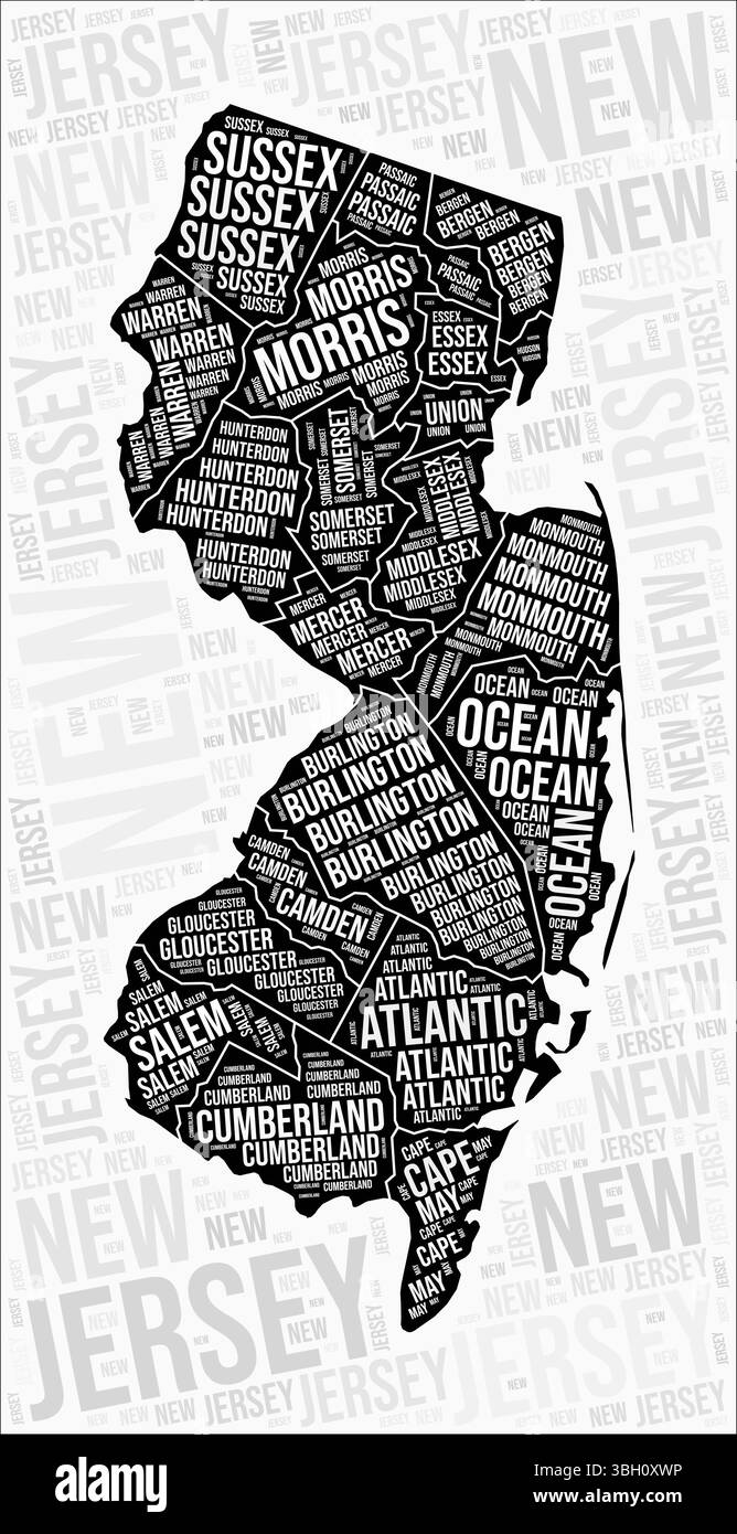 New Jersey counties map word cloud. New Jersey region names. Black and ...