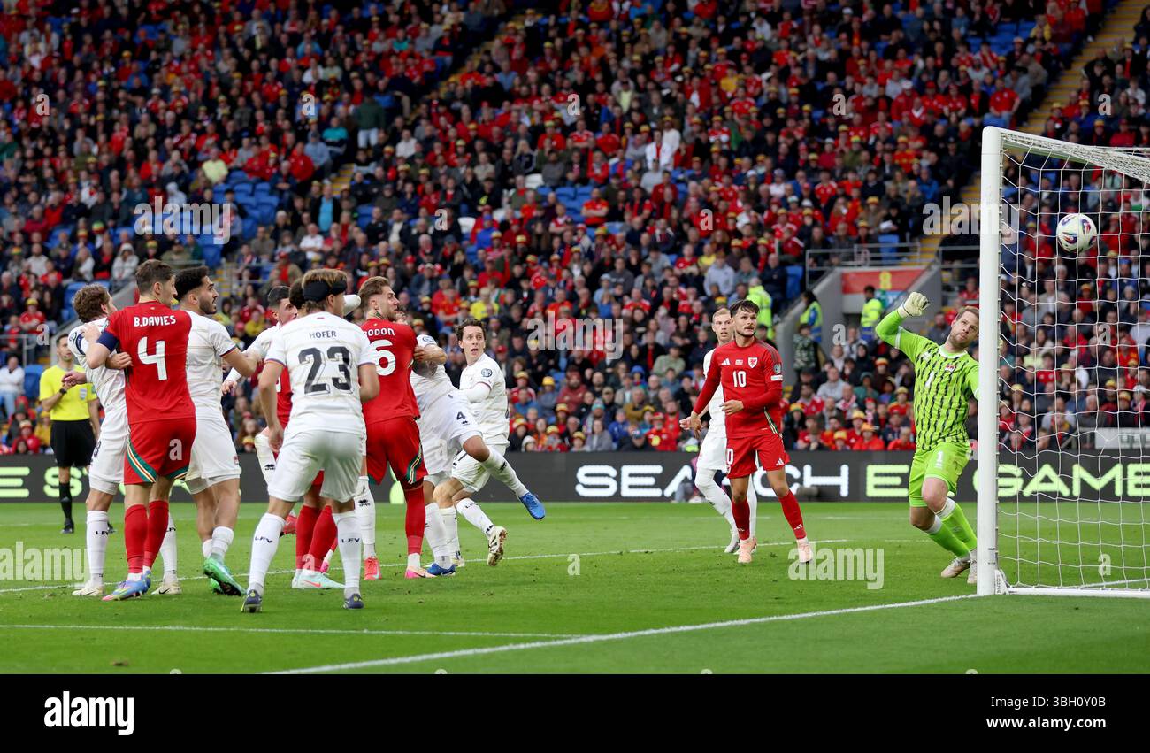 Wales' Joe Rodon scores their side's first goal of the game during the ...