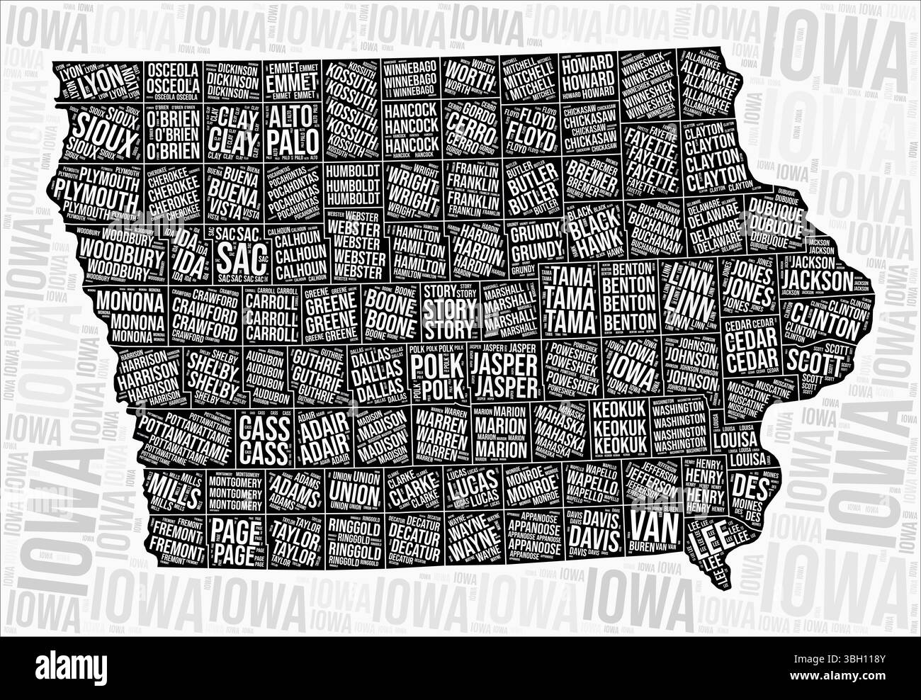 Iowa counties map word cloud. Iowa region names. Black and white map ...