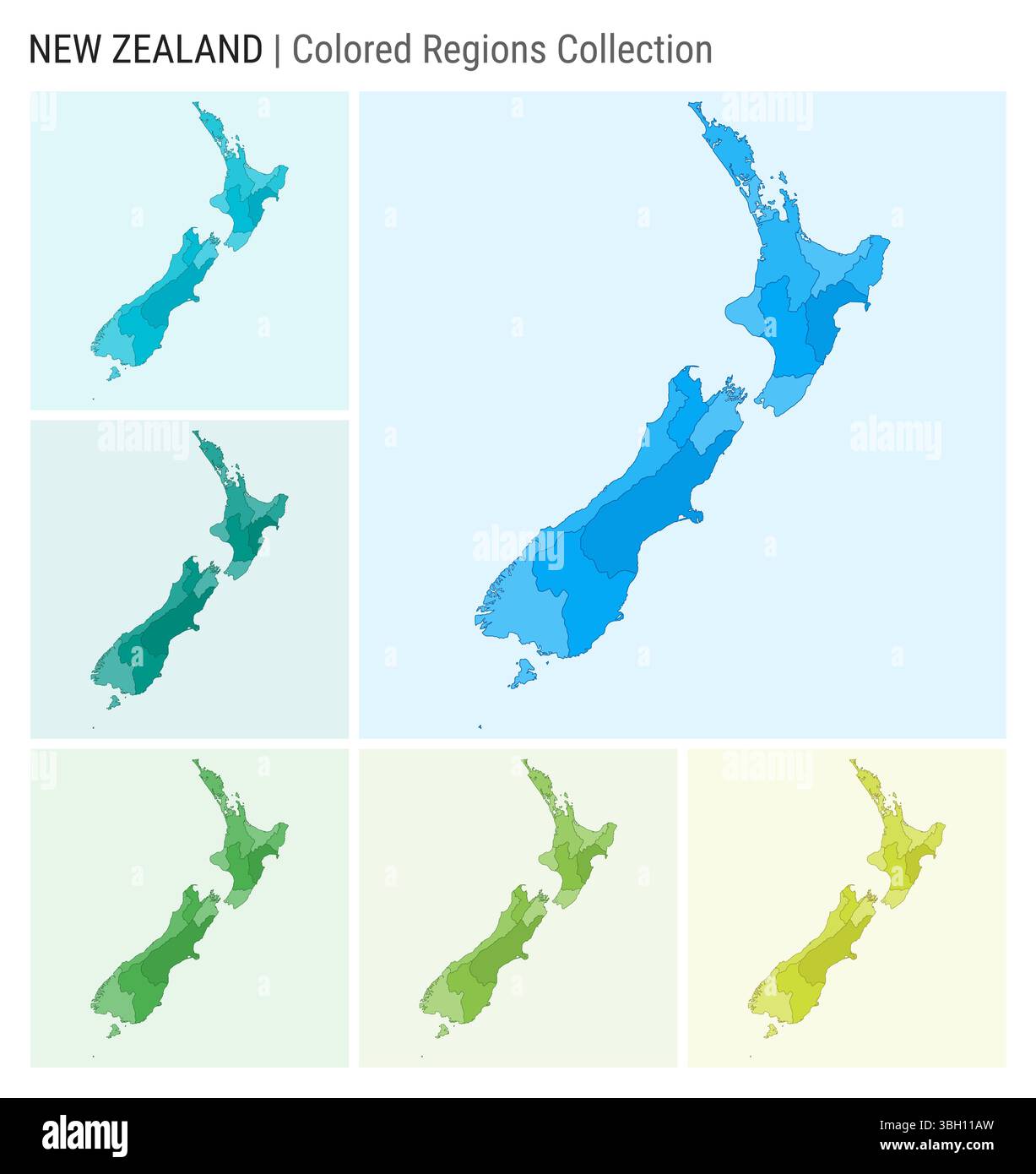 New Zealand map collection. Country shape with colored regions. Light ...