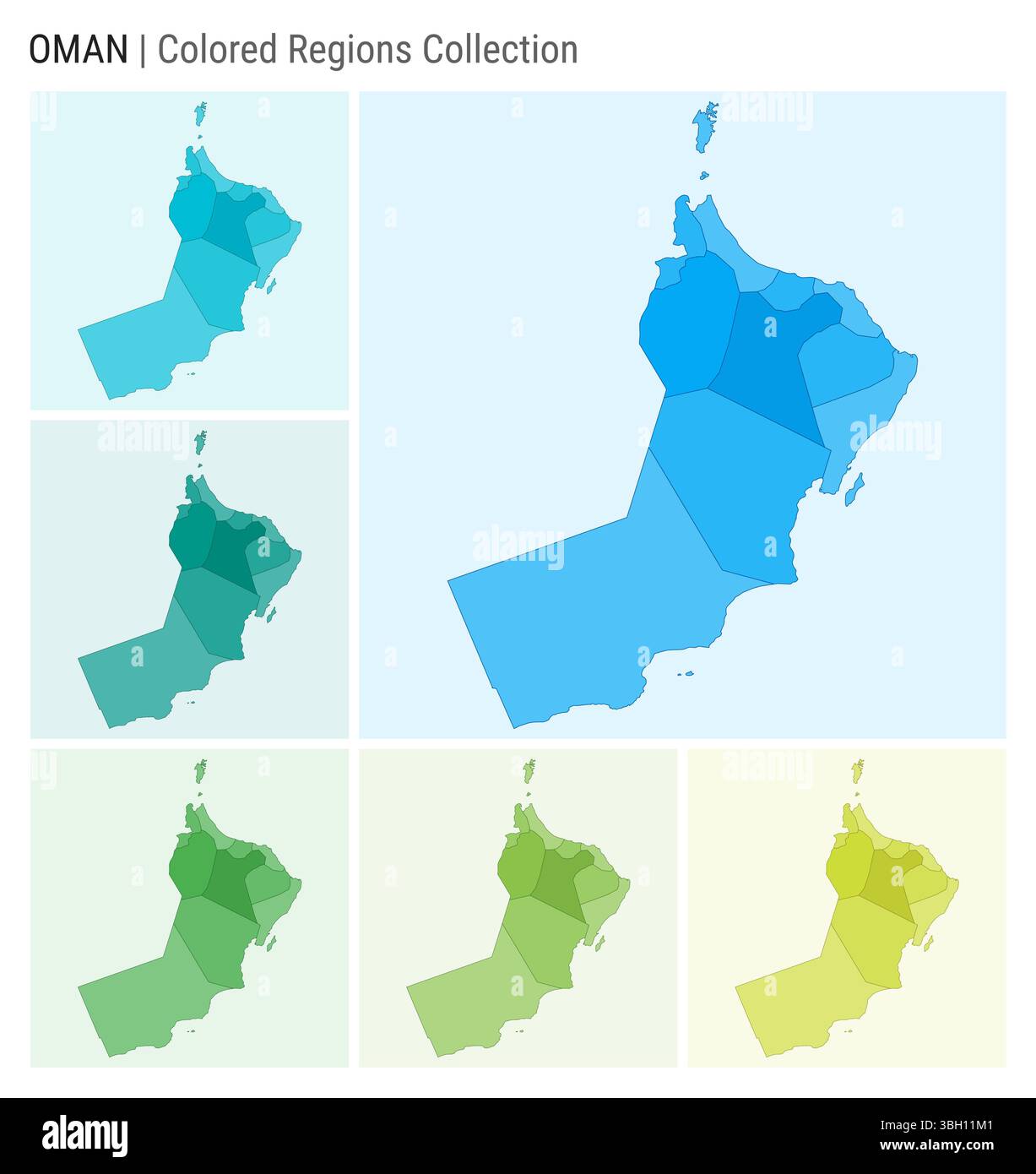 Oman map collection. Country shape with colored regions. Light Blue ...