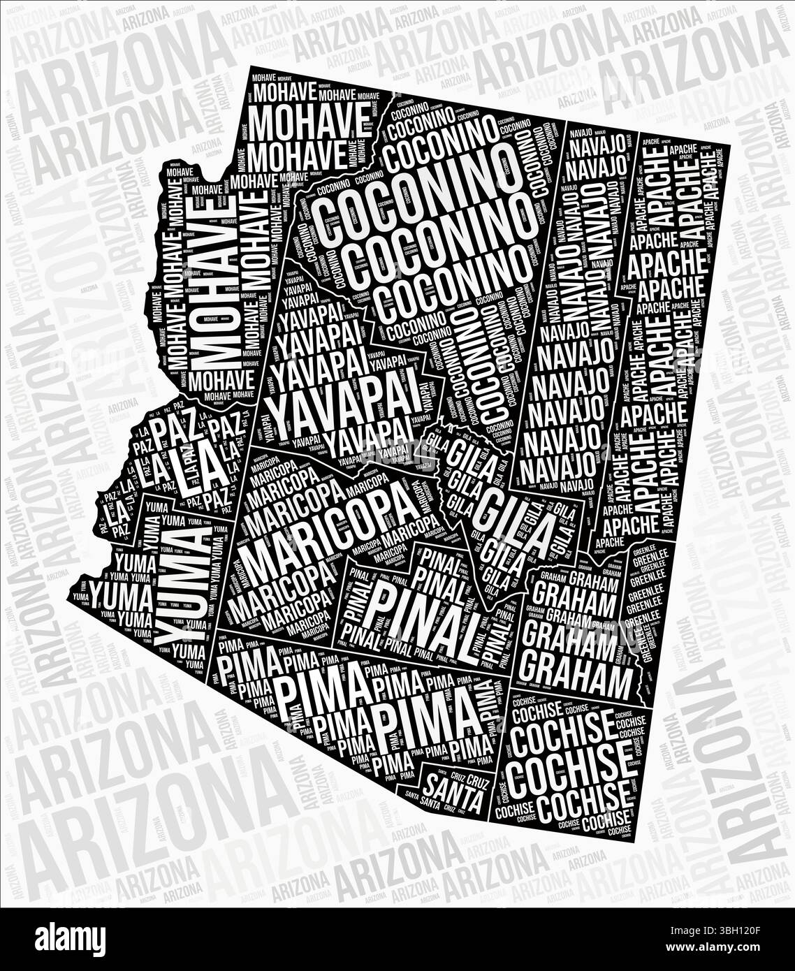 Arizona counties map word cloud. Arizona region names. Black and white ...