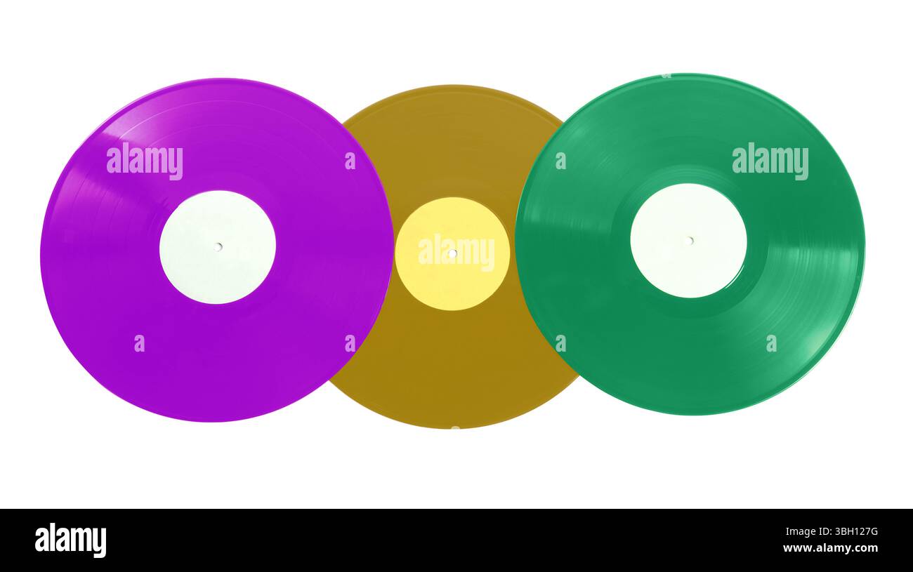 Three color vinyl records on white background Stock Photo - Alamy