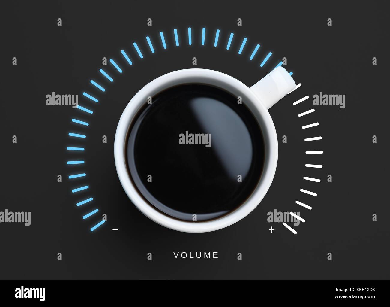 Coffee and volume of energy gauge scale on dark grey background, top ...