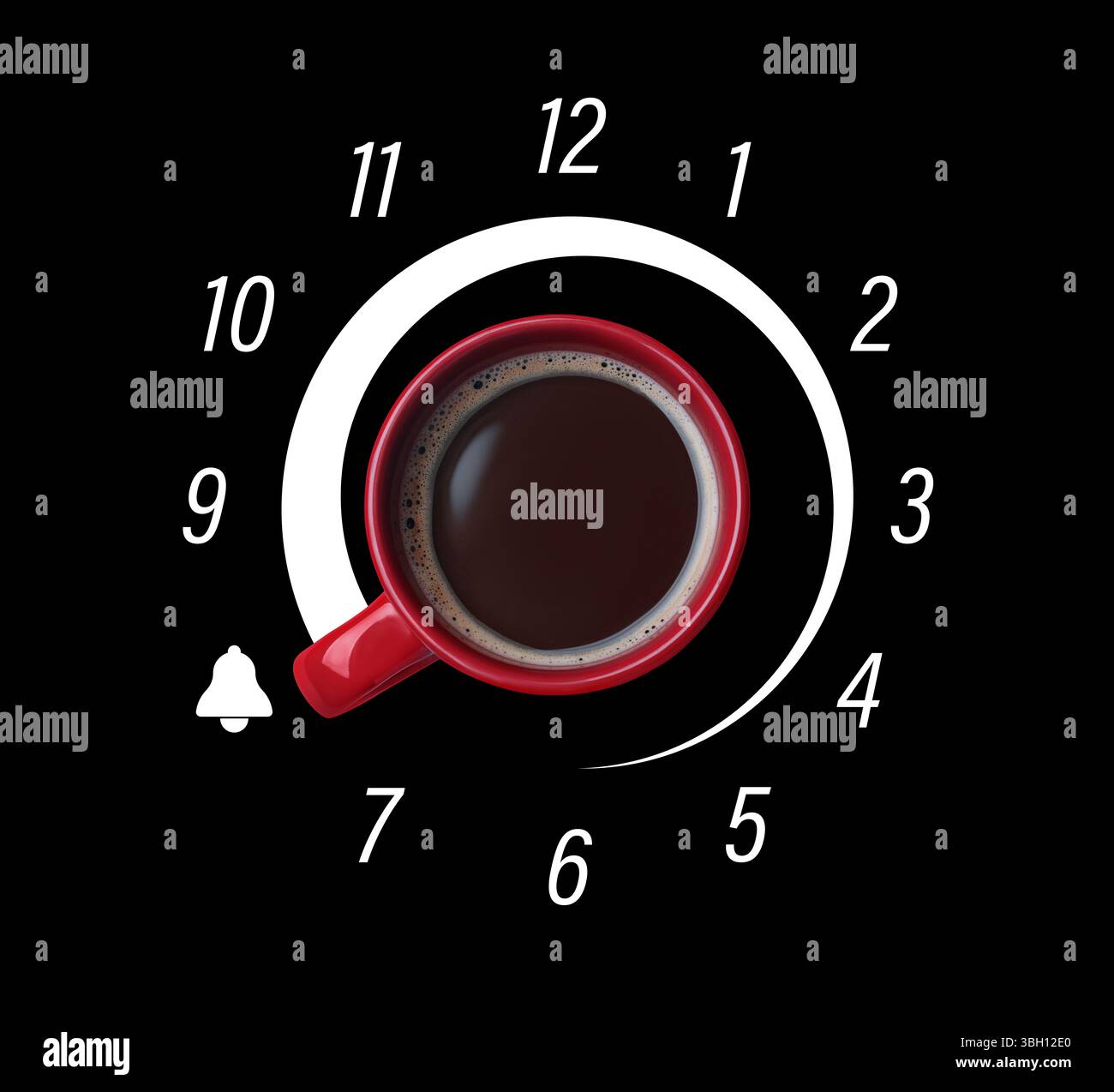 Coffee and clock face on black background. Handle of cup pointing at ...