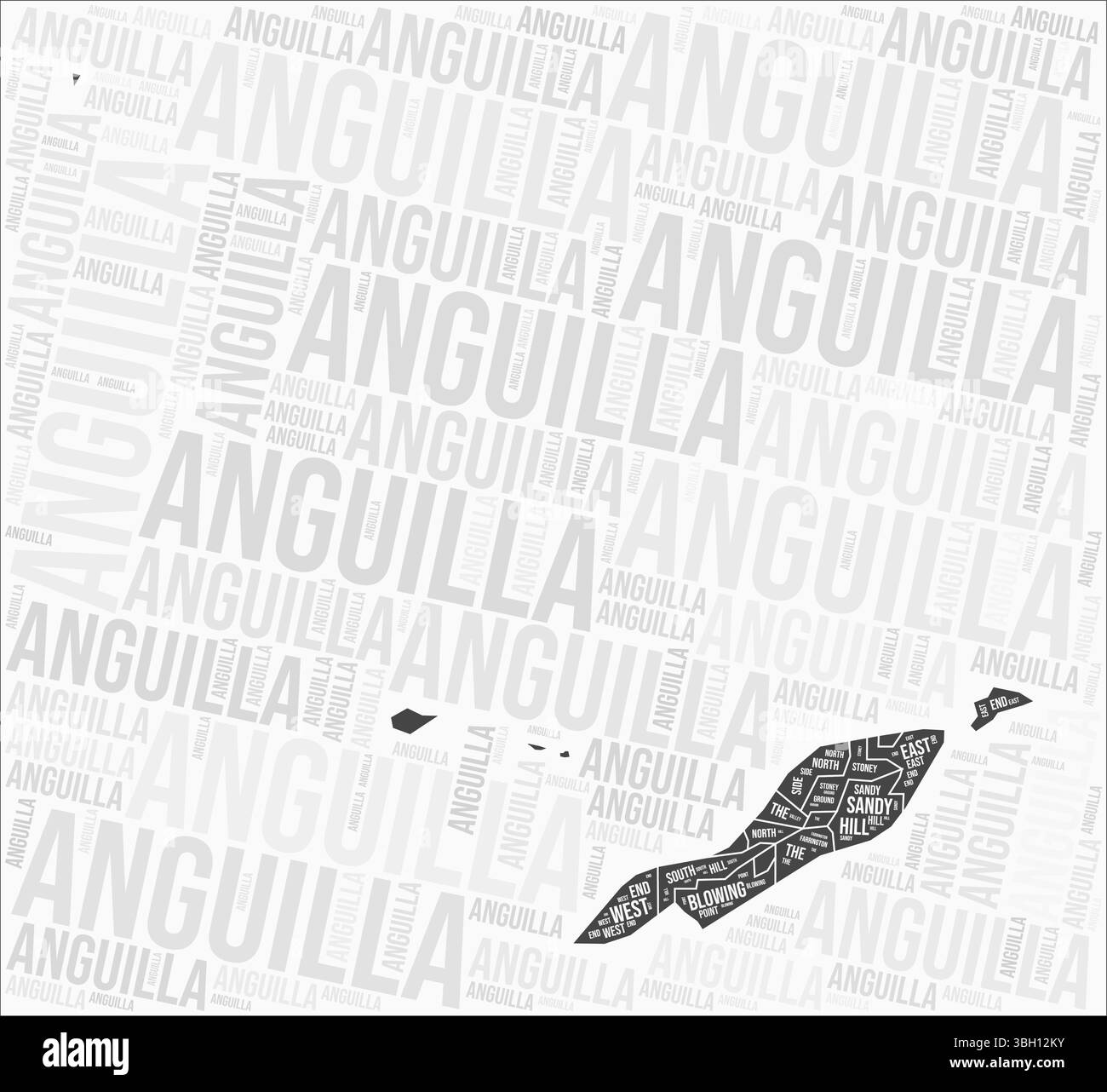 Anguilla regions map word cloud. Anguilla region names. Black and white ...