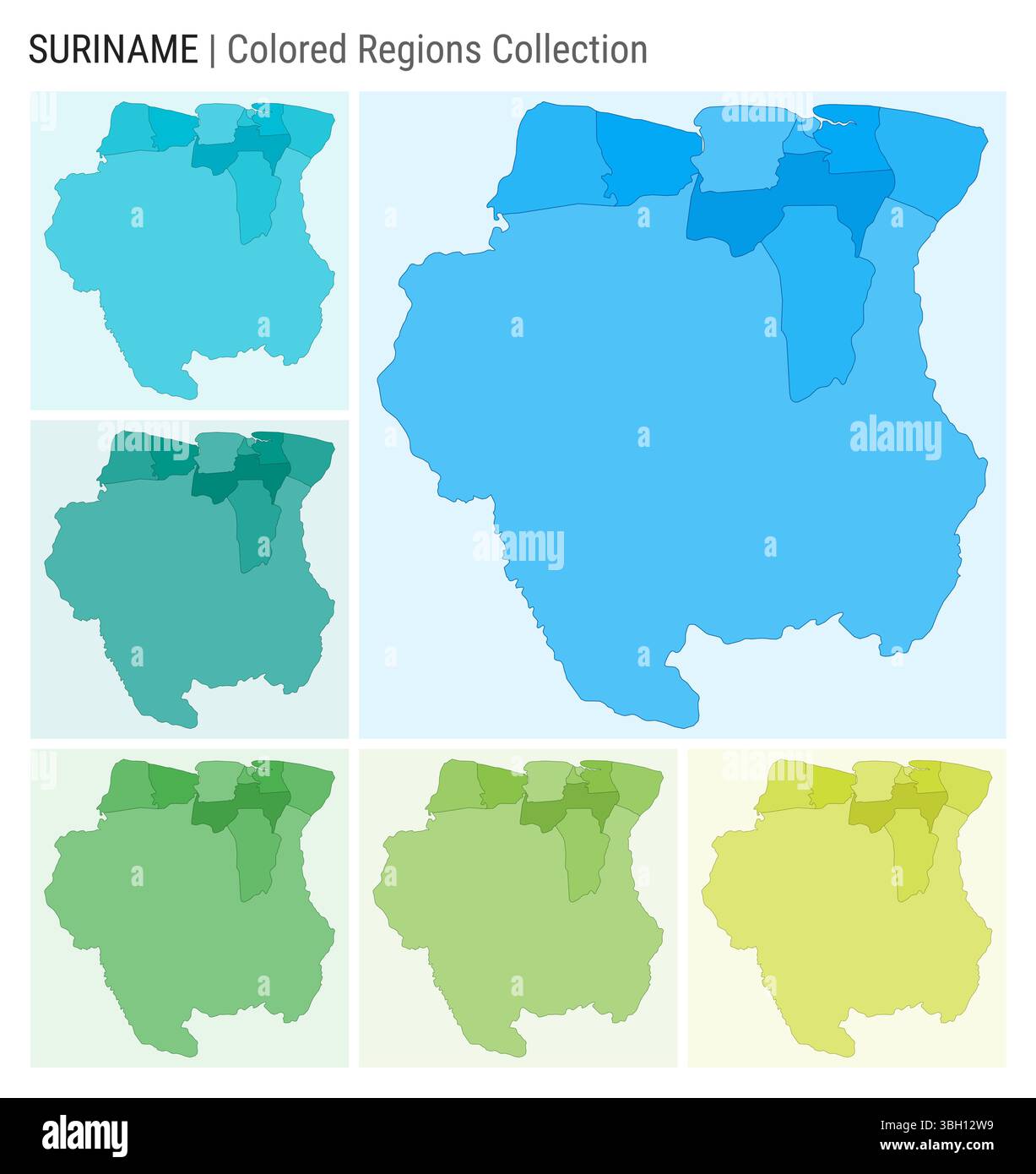 Suriname map collection. Country shape with colored regions. Light blue ...