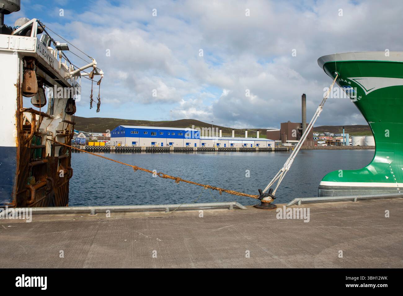 Fishing boats moored around Lerwick Fish Market at Mair's Quay ...