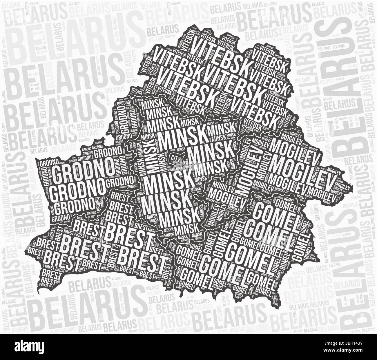 Belarus regions map word cloud. Belarus region names. Black and white ...