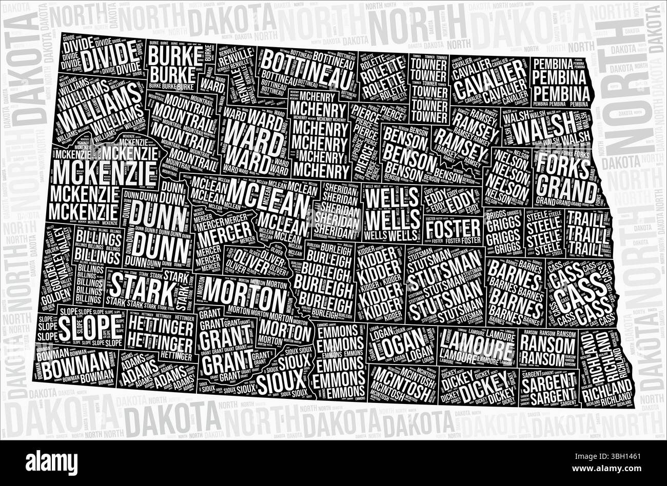 North Dakota counties map word cloud. North Dakota region names. Black ...