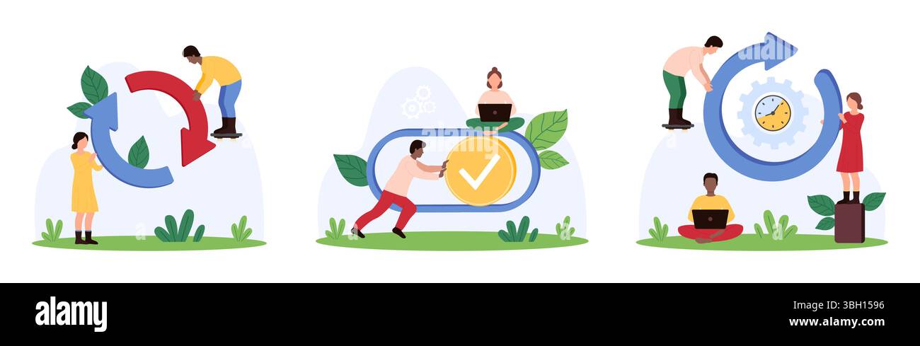 Action buttons of update software progress set. Tiny people holding two ...