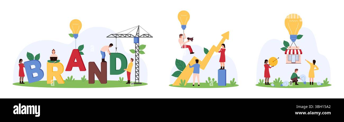 Startup and brand product development, success strategy set. Tiny ...