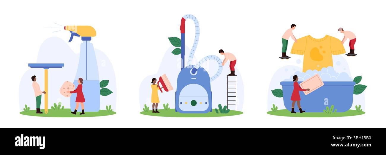 Cleaning service and laundry, cleanup set. Tiny team of professional ...