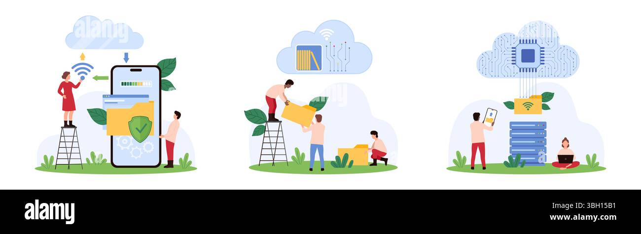 Cloud library service, data upload and management set. Tiny people ...