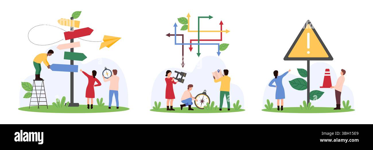 Decision making, life and career path choice set. Tiny people with ...