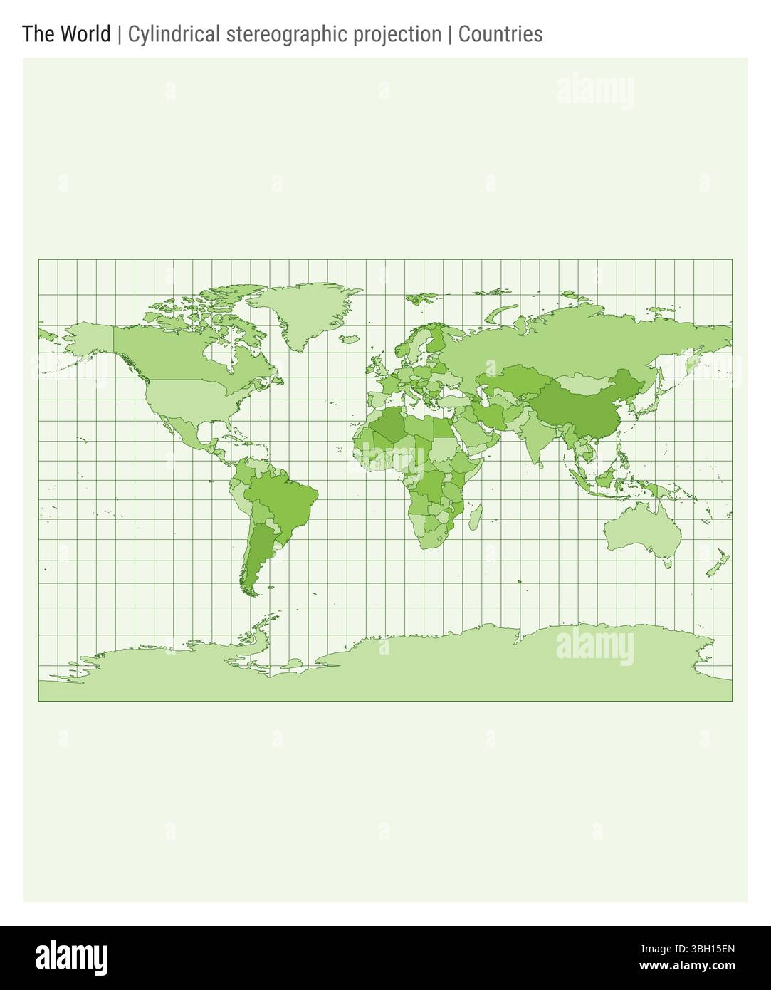 World Map. Cylindrical stereographic projection. Countries style. High ...