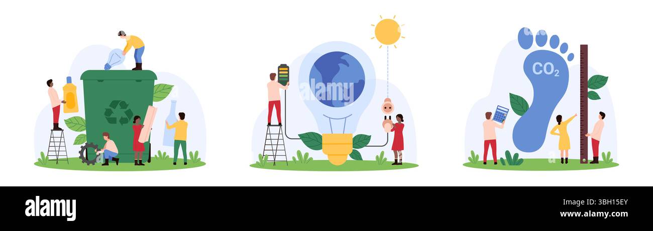 Sustainability and recycling project development set. Tiny people ...