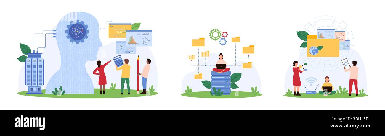 Data upload, sharing and processing set. Tiny people share folders with ...