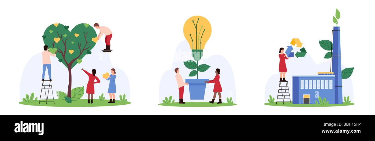 Carbon credit project development set. Tiny people holding recycle sign ...