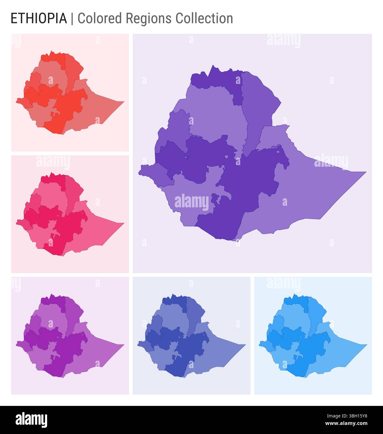 Ethiopia map collection. Country shape with colored regions. Deep ...