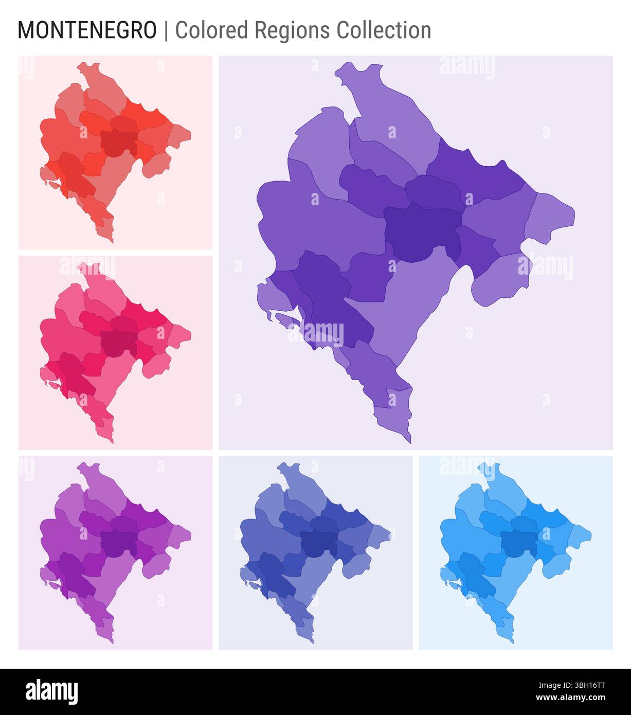 Montenegro map collection. Country shape with colored regions. Deep Purple, Red, Pink, Purple ...