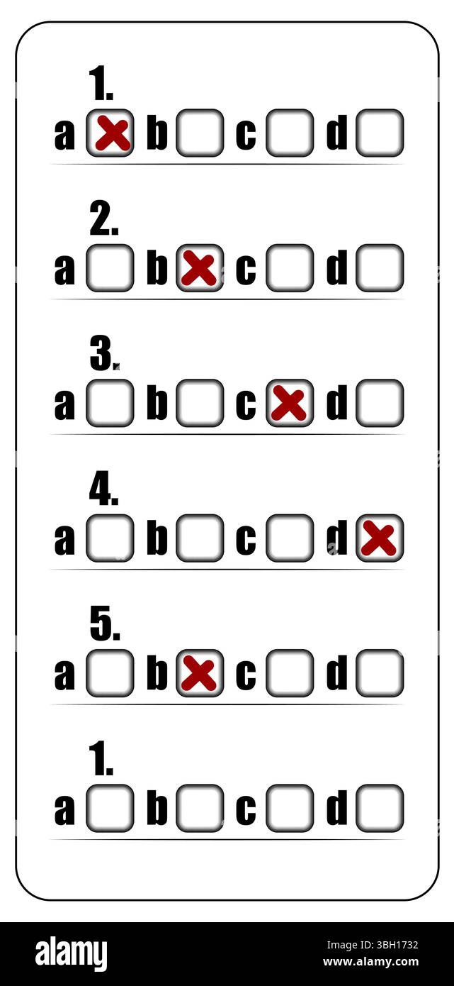 Online test form with checkboxes and some ticks on white background ...