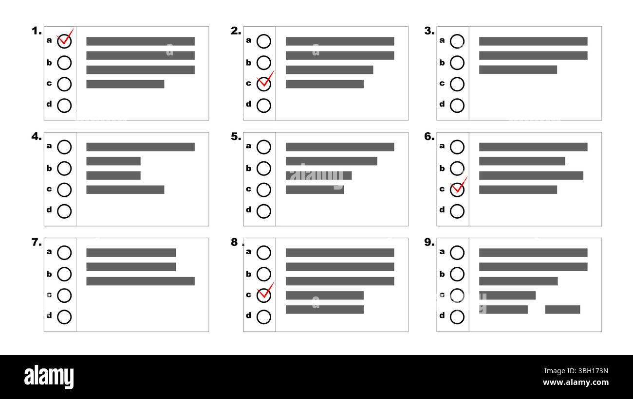 Online test form with checkboxes and some ticks on white background ...
