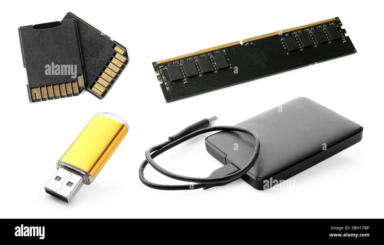 Different modern memory drives isolated on white, collage Stock Photo ...