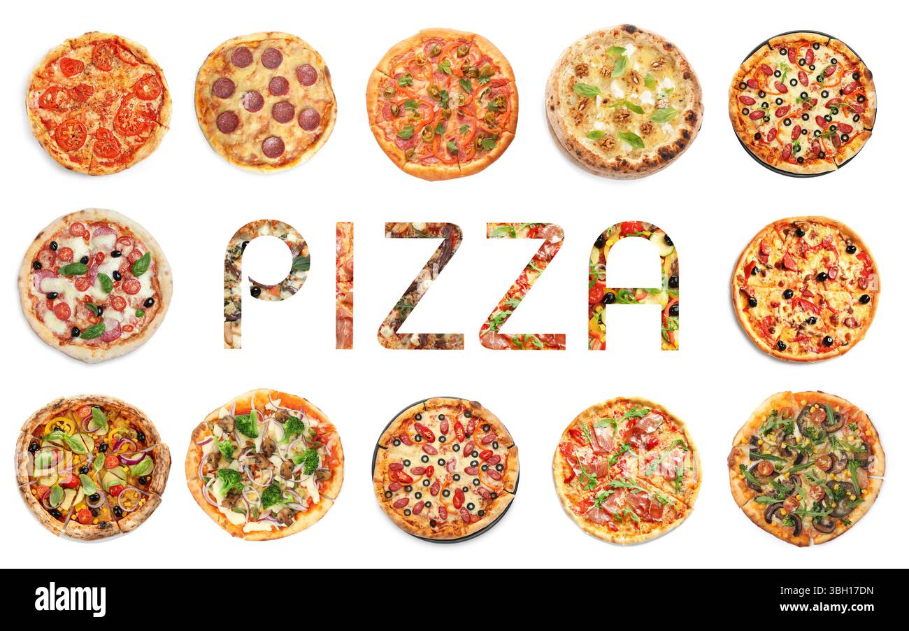 Different delicious pizzas and word on white background Stock Photo - Alamy