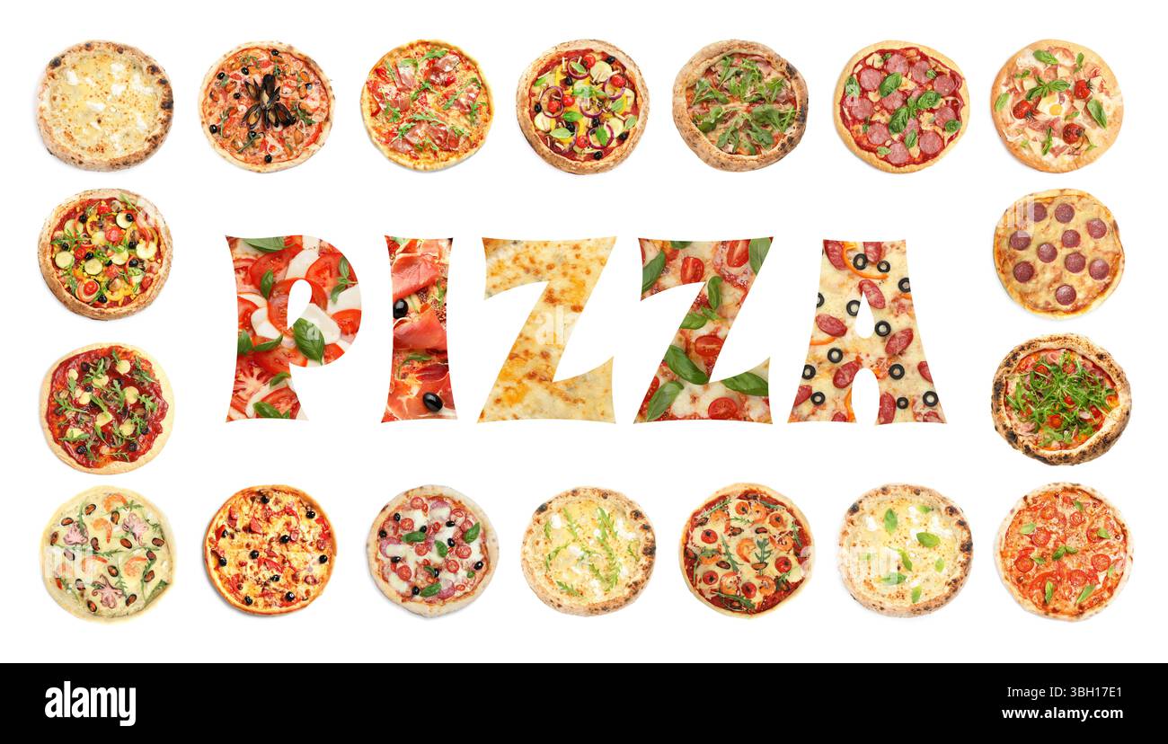 Different delicious pizzas and word on white background Stock Photo - Alamy