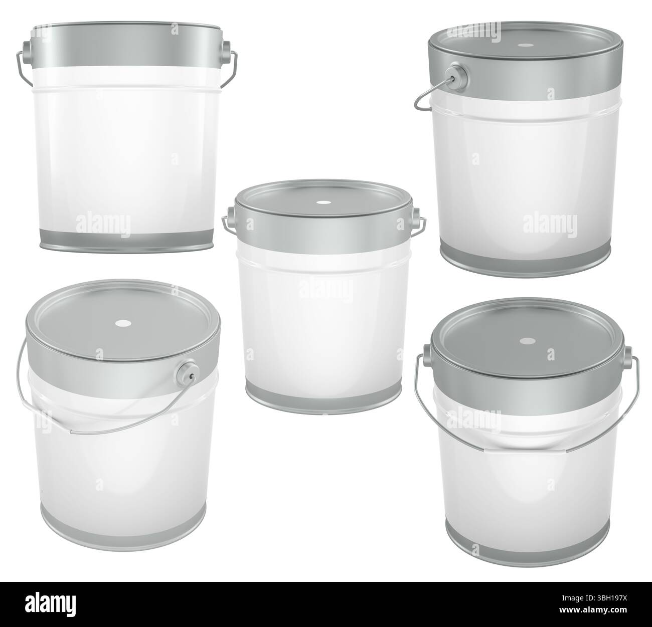 Collection of metal paint buckets blank template with handles and lids ...