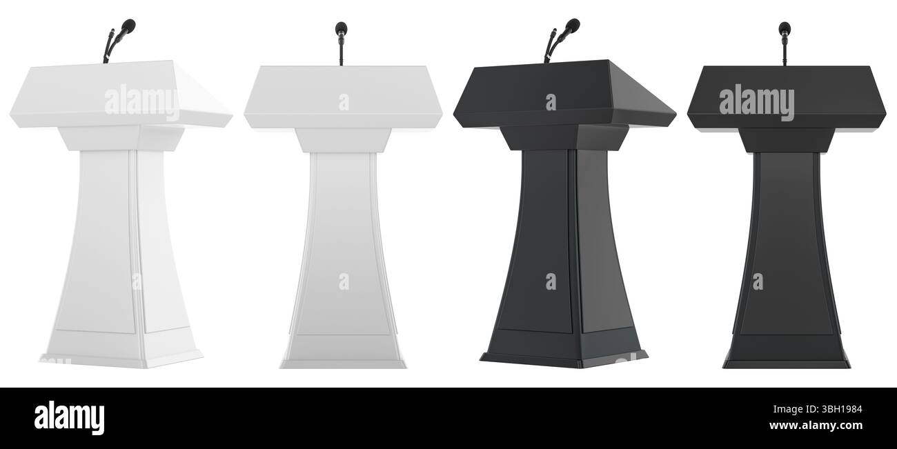 Podiums with microphones, white and black, side and front views. 3D ...