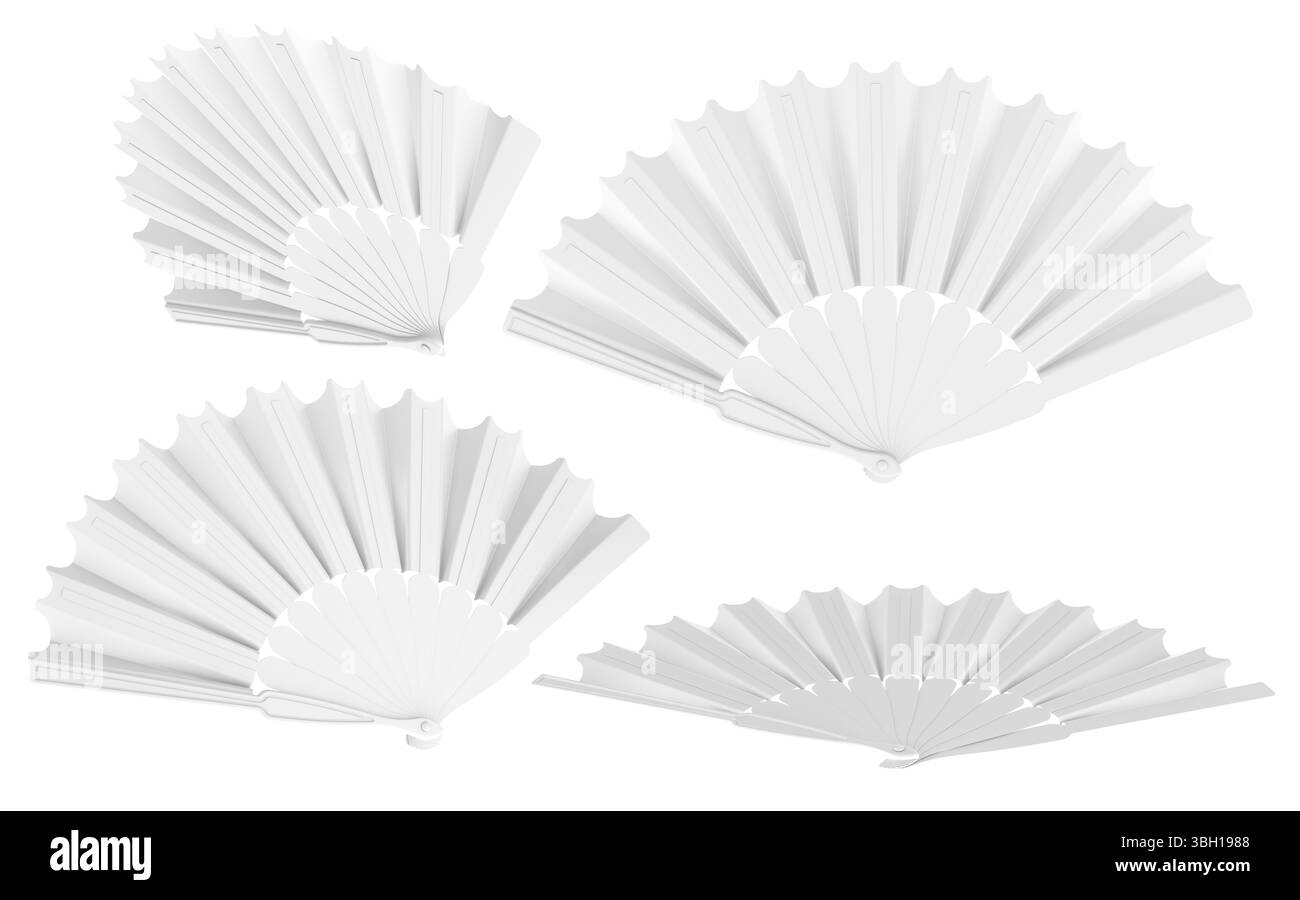 Set of blank white folding hand fans, for mockup or template use. 3D ...
