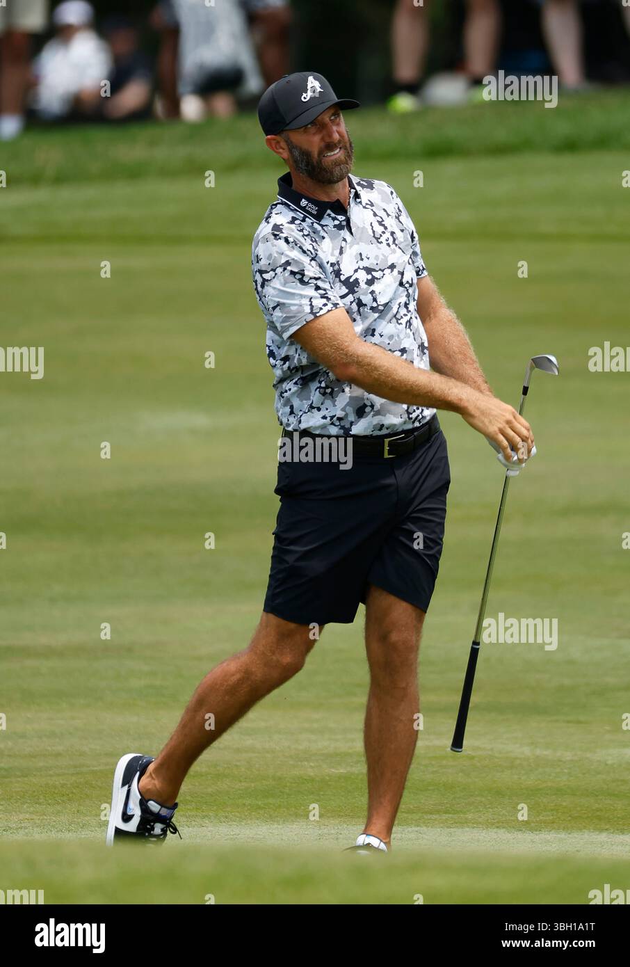 June 6, 2025: Dustin Johnson of 4Aces GC makes an approach shot to the ...