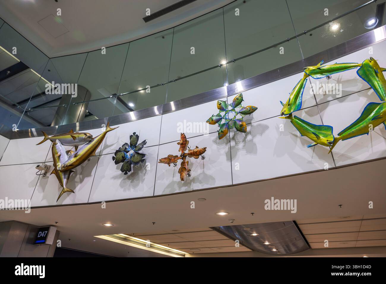 Colorful fish sculptures arranged in circular shapes on wall inside ...