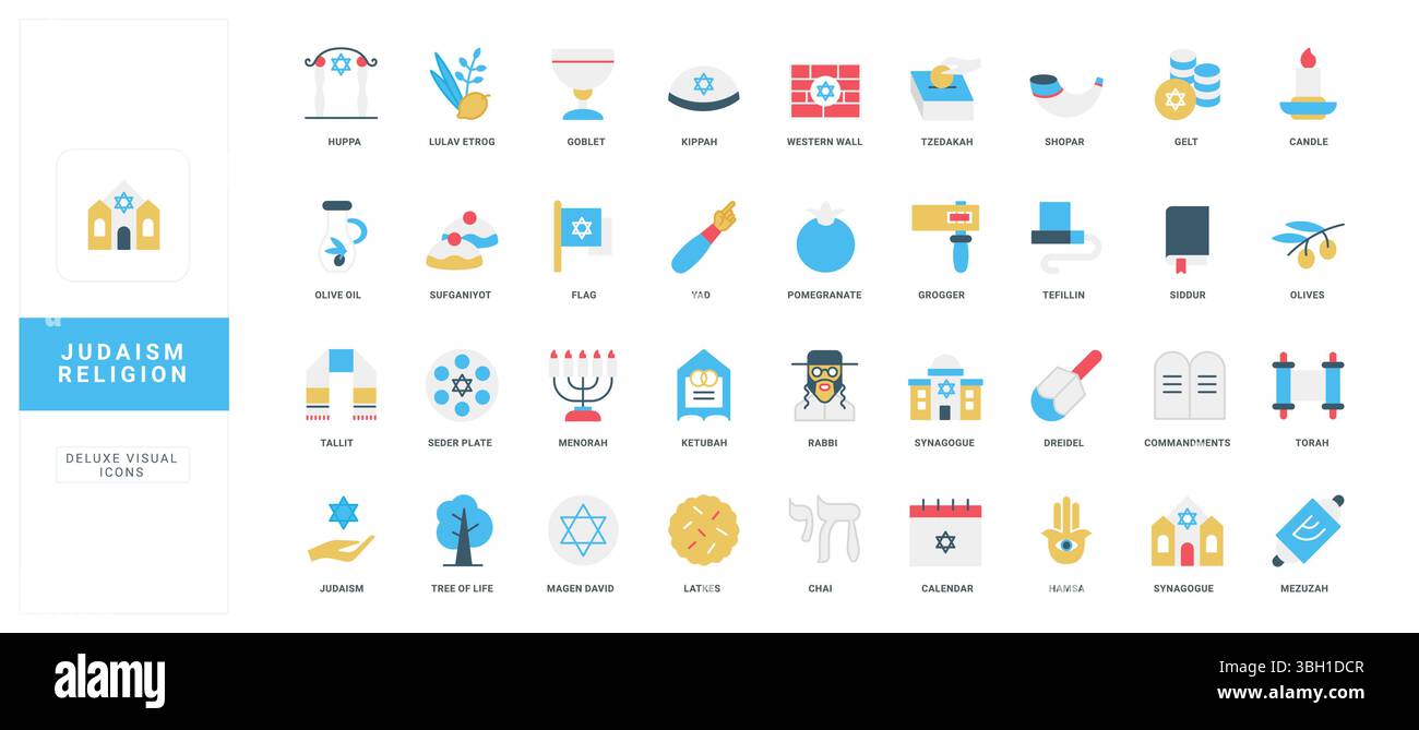 Jewish religion icons including synagogue, menorah, Torah, Star of ...