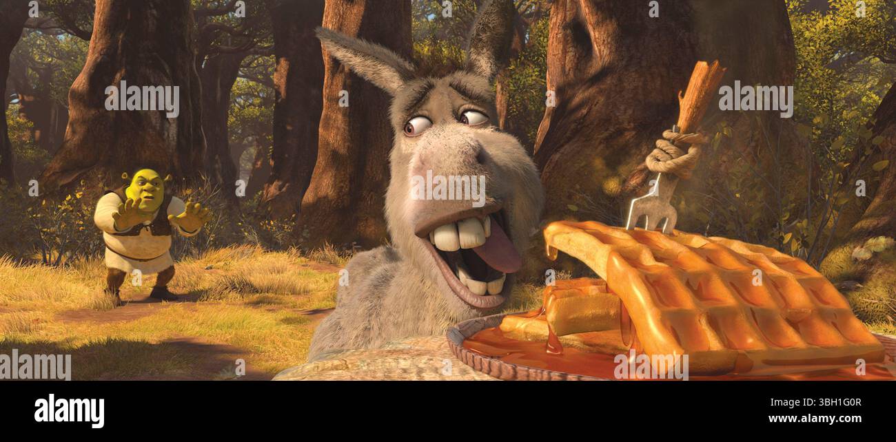 Shrek (MIKE MYERS) tries to stop Donkey (EDDIE MURPHY) from falling ...