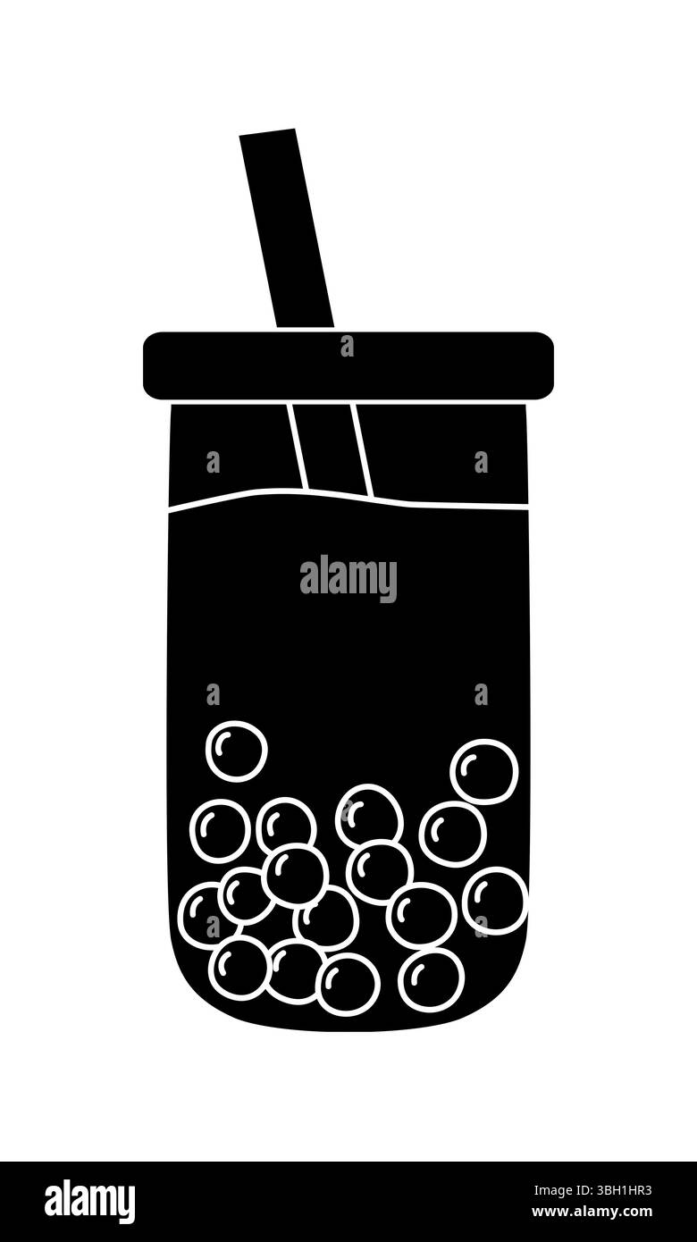 Black silhouette of rounded glass with bubble tea boba pearls straw, glyph icon vector ...