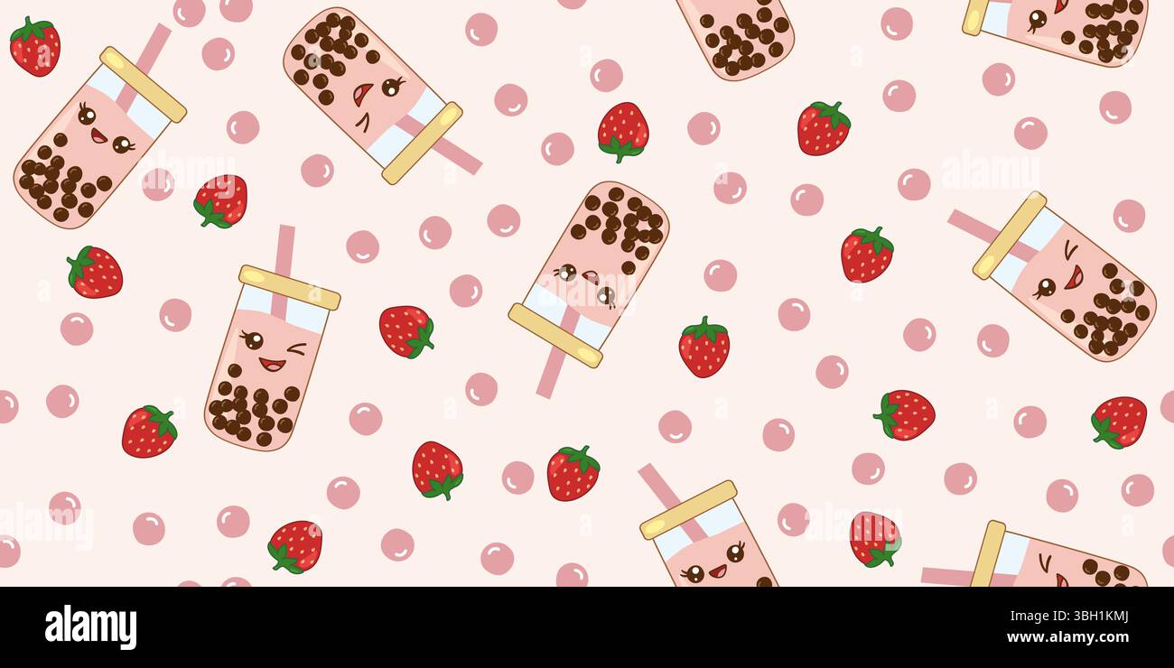 Kawaii bubble tea with strawberry and boba pearls, seamless pattern on ...