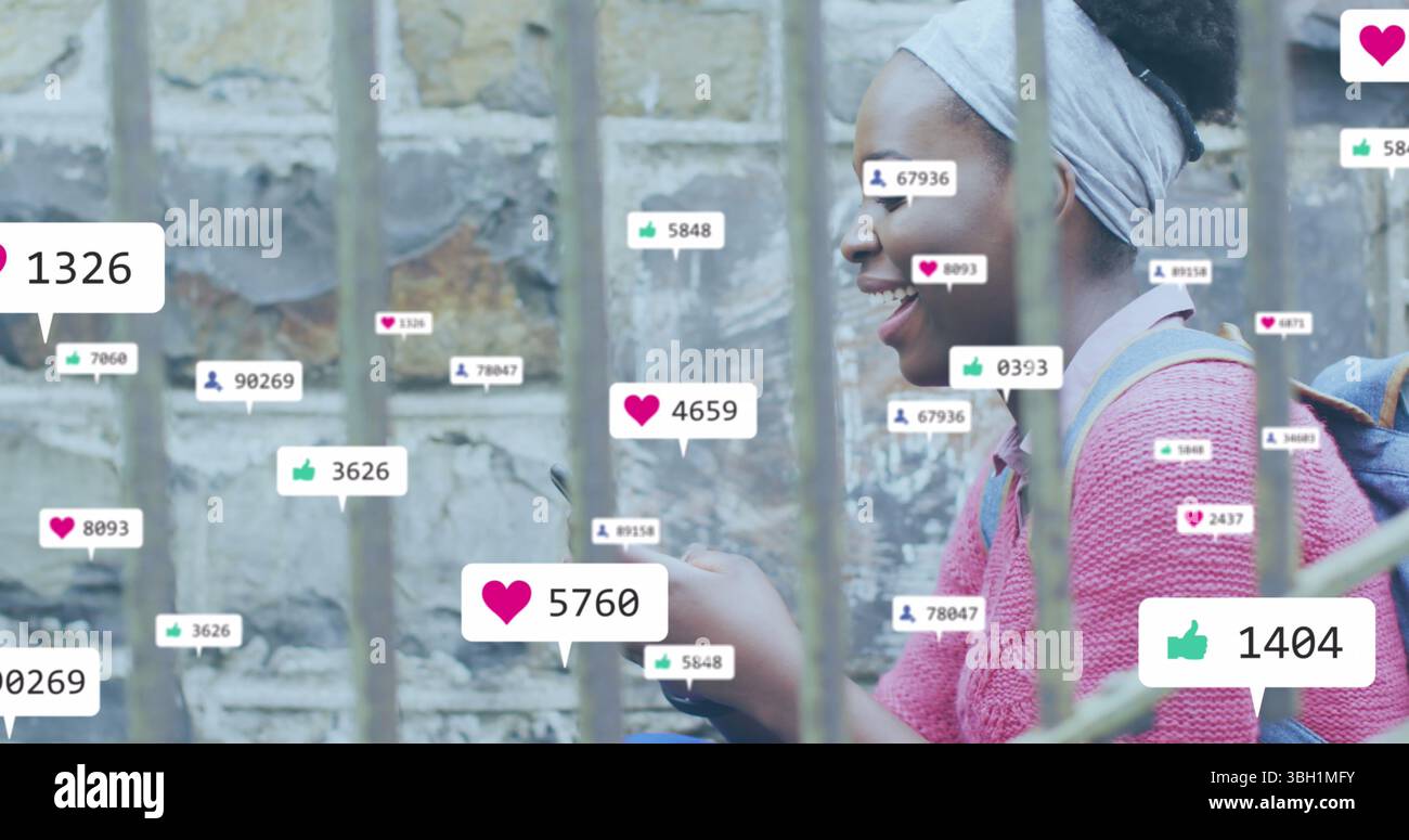 Image of social media icons with numbers over african american woman ...