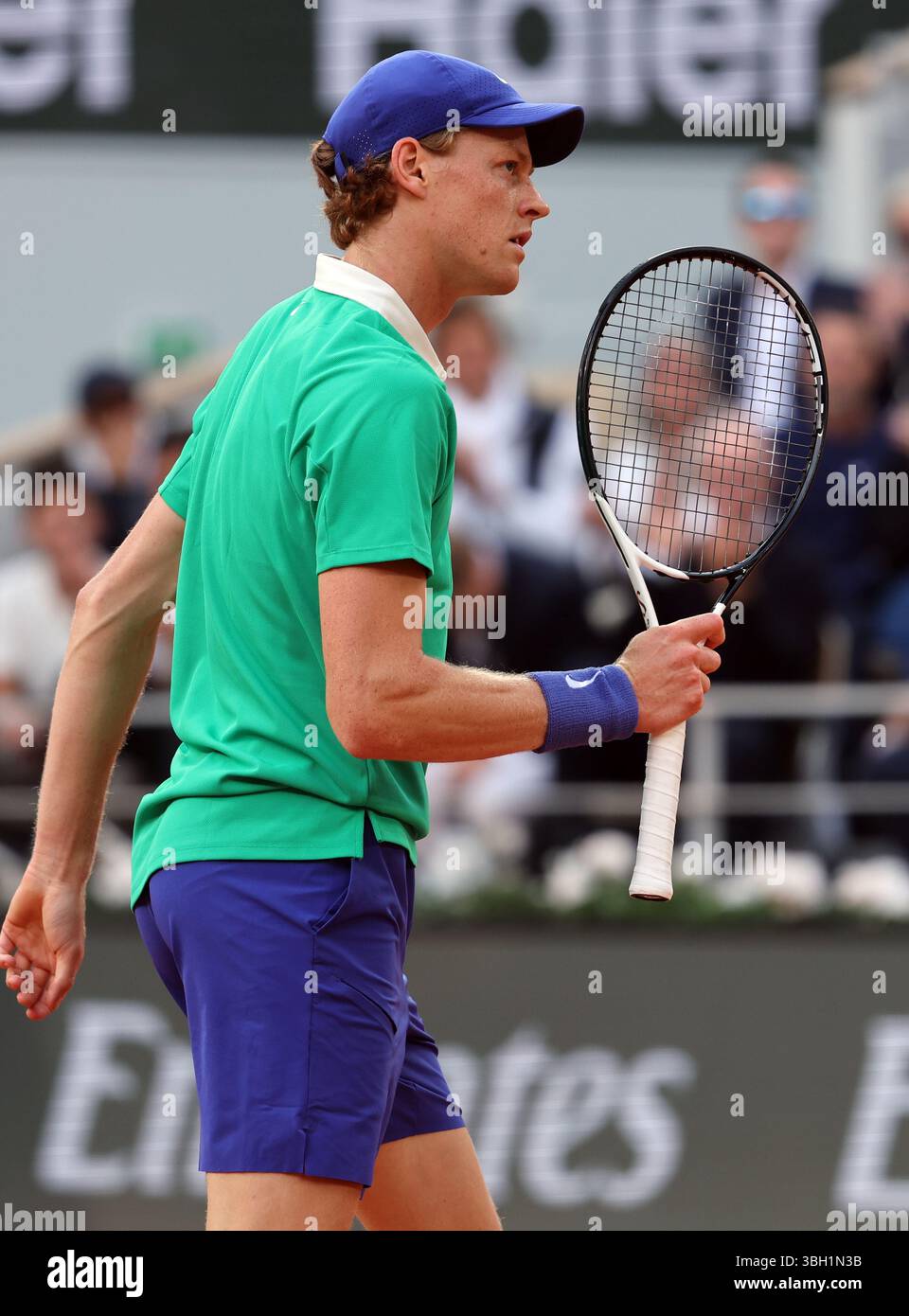 Paris, France. 06th June, 2025. Top-seeded Jannik Sinner of Italy plays against Serb Novak ...