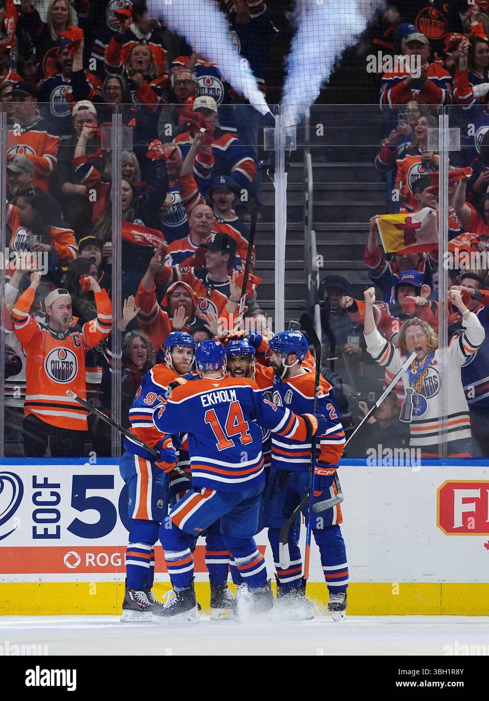 Edmonton Oilers' Connor McDavid, left to right, Mattias Ekholm, Evander Kane and Evan Bouchard ...