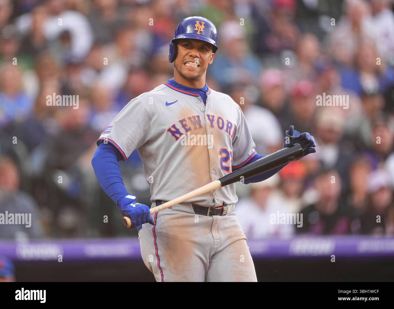 New York Mets' Juan Soto reacts after a called strike on a pitch from ...
