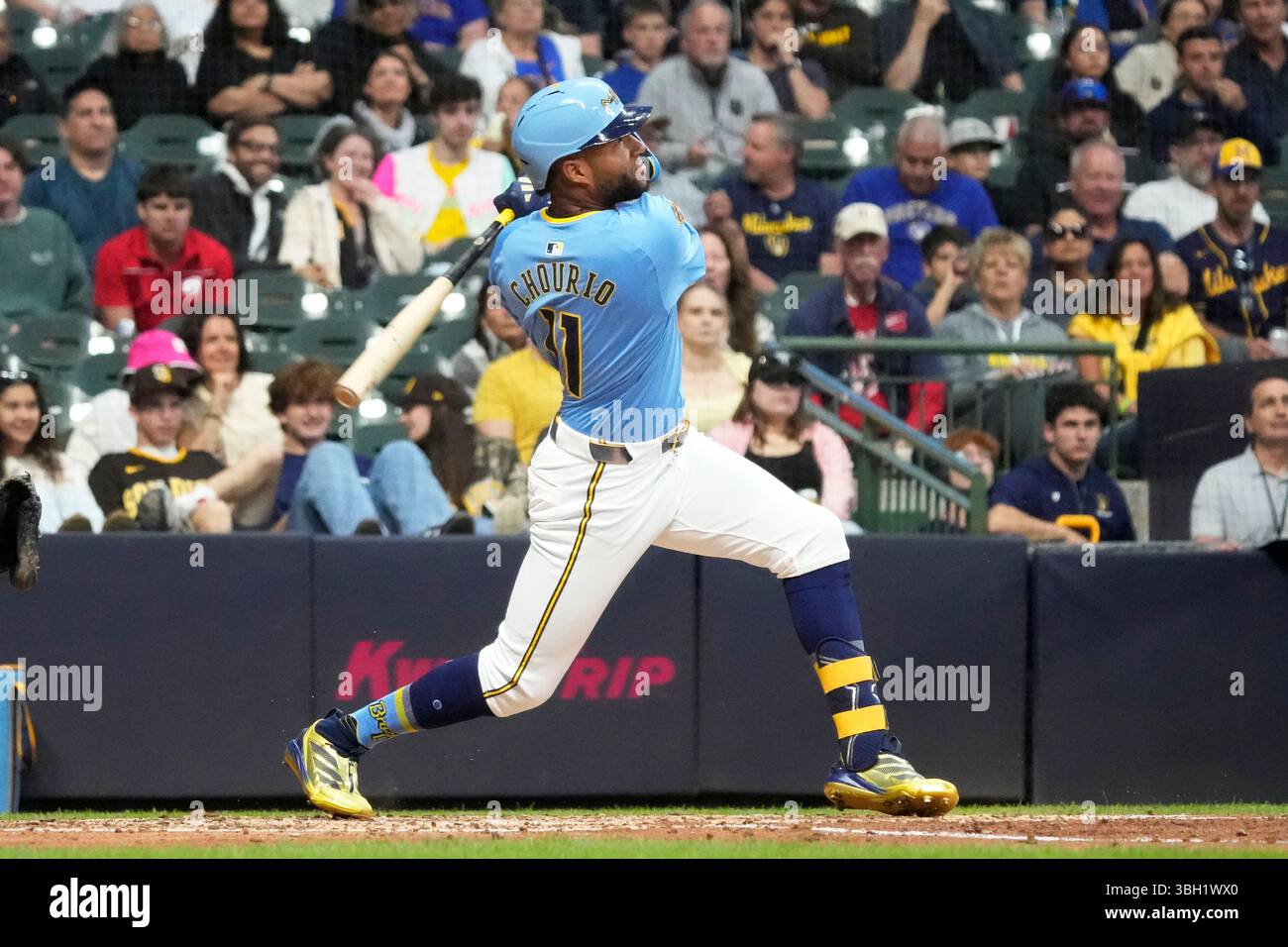 Milwaukee Brewers' Jackson Chourio (11) flies out to deep center field ...