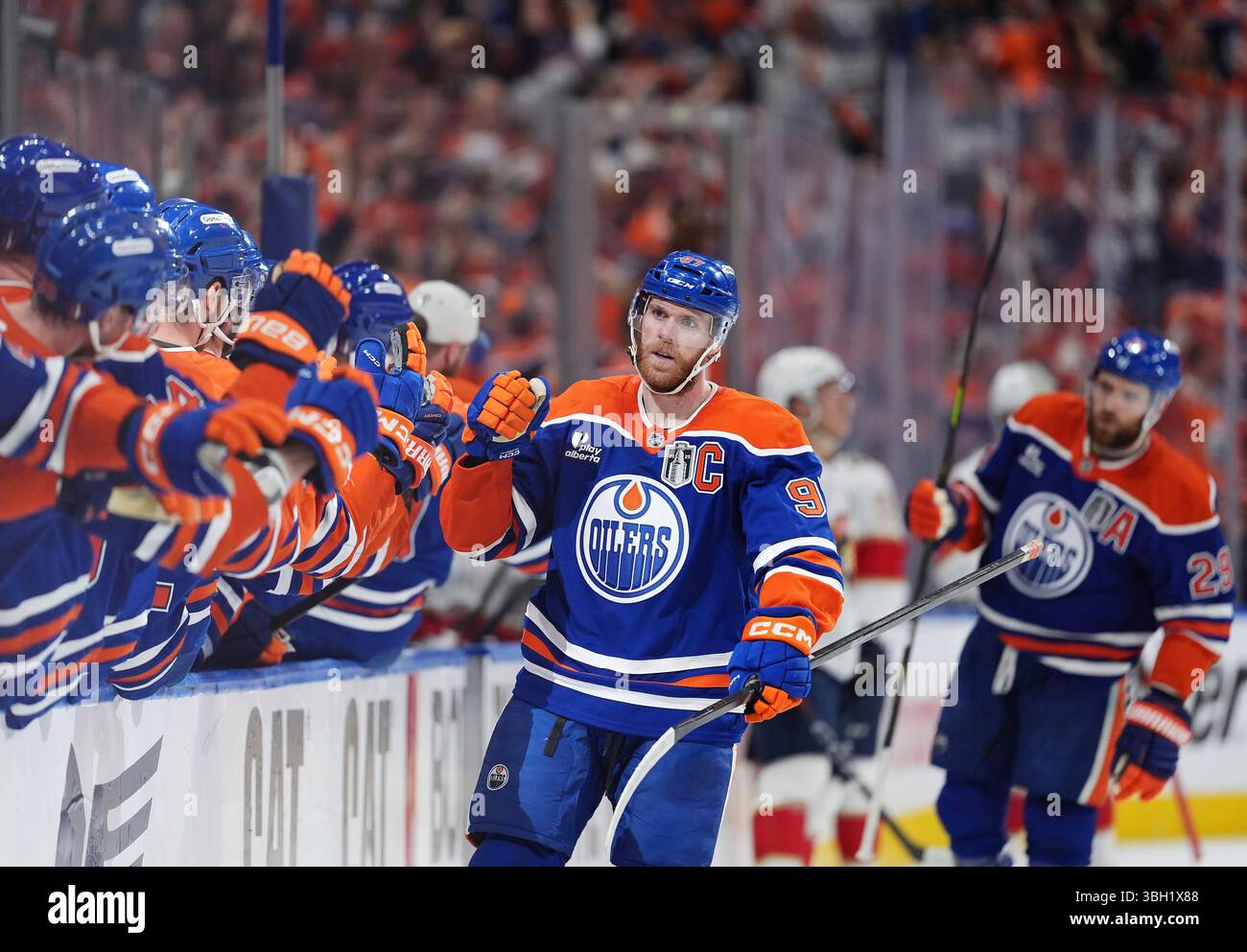 Edmonton Oilers' Connor McDavid (97) celebrates a goal against the ...