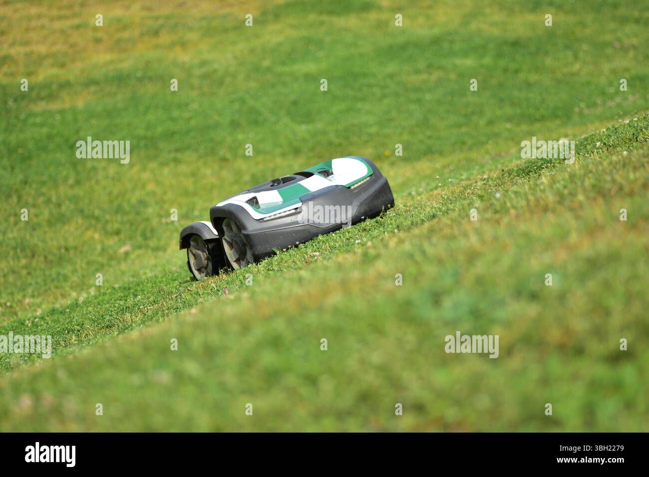 Autonomous robotic lawn mower working on a grassy hill. Smart garden ...